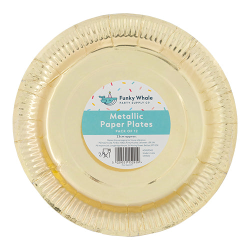 Funky Whale Gold Metallic Paper Plates 23cm 12 Pack - FabFinds