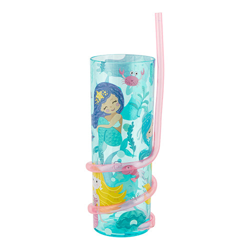 Kids Blue Mermaid Cup With Curly Straw 450ml — FabFinds