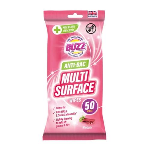 Buzz Surface Bacterial Wipes Rhubarb 50 Pack - FabFinds