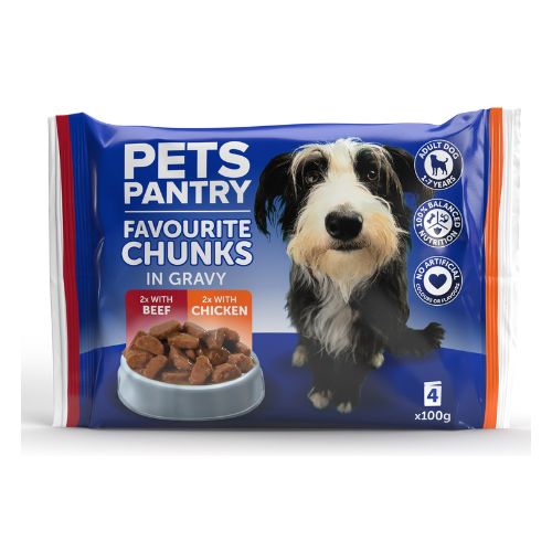 Pets Pantry Favourite Chunks In Gravy Chicken & Beef Dog Food 4 x 100g ...