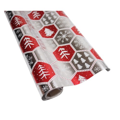 Silver & Red Metallic Tree & Snowflake Wrap 3m - FabFinds