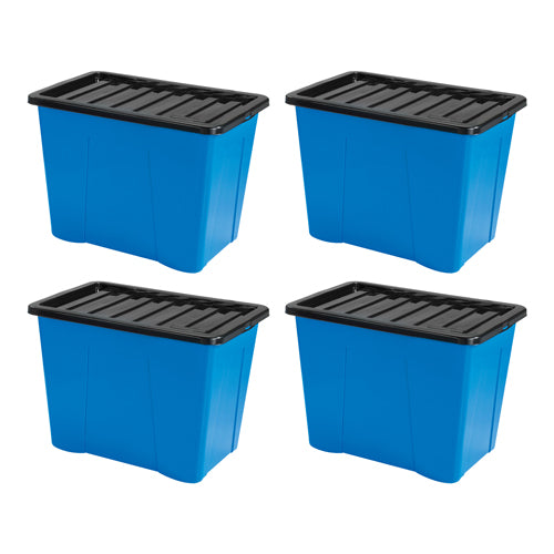 80 Litre Blue Plastic Storage Box with Lid - Set of 4 - FabFinds