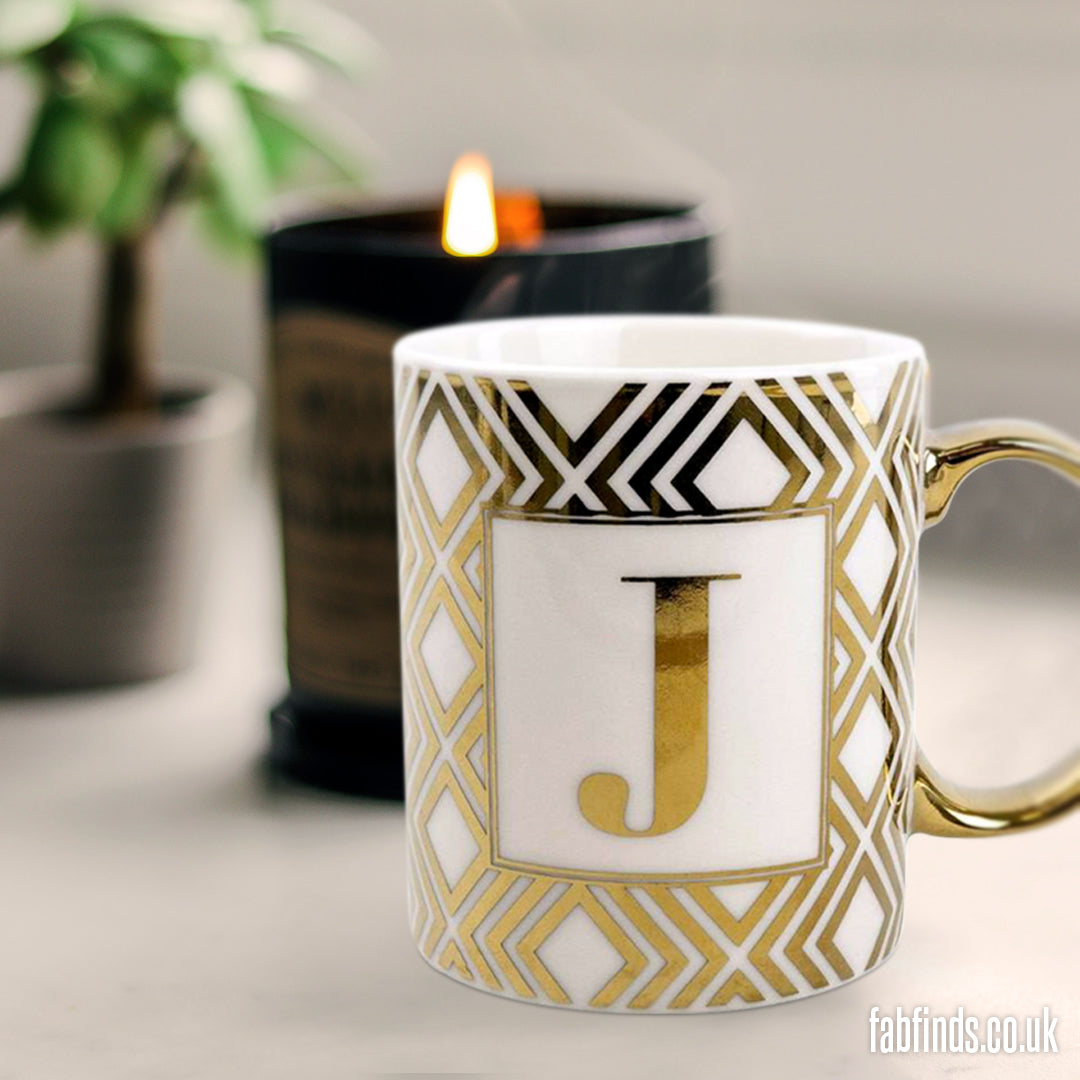 Initial Straight Sided J Mug Gold Patterned 8cm- FabFinds