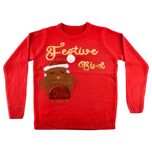 Ladies Red Festive Bird Christmas Jumper Assorted Sizes - FabFinds