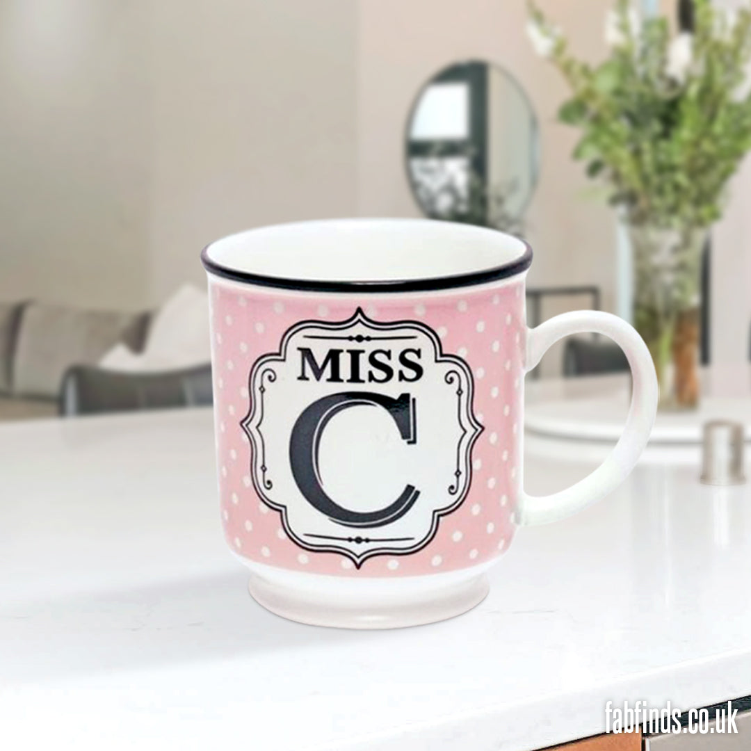 Miss C Pink and White Spot Alphabet Mug - FabFinds