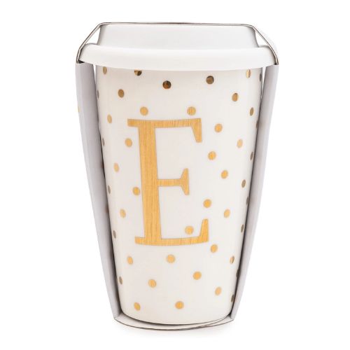 Initial White & Gold Travel Mug E Gold 15cm - FabFinds