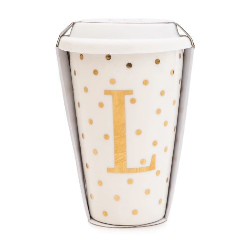 Initial White & Gold Travel Mug L Gold 15cm - FabFinds
