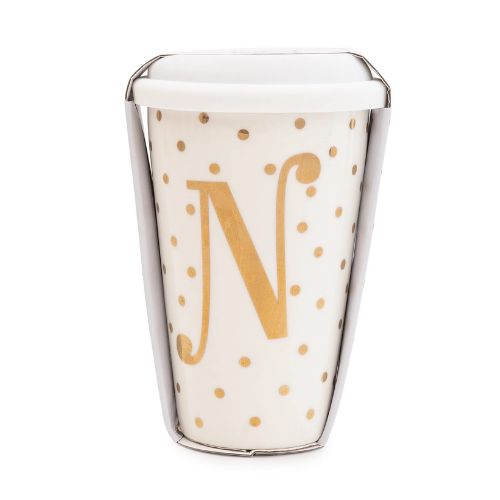 Initial White & Gold Travel Mug N Gold 15cm - FabFinds
